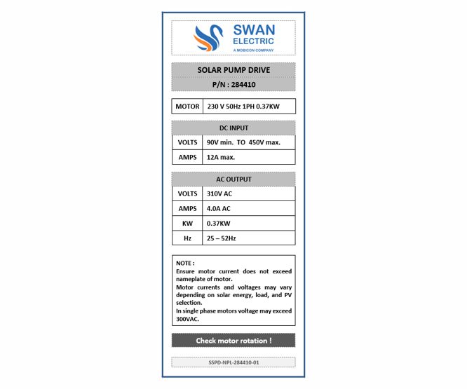 SSPD-NPL-284410-01 - NAME PLATE LABEL FOR SOLAR DRIVE 284410